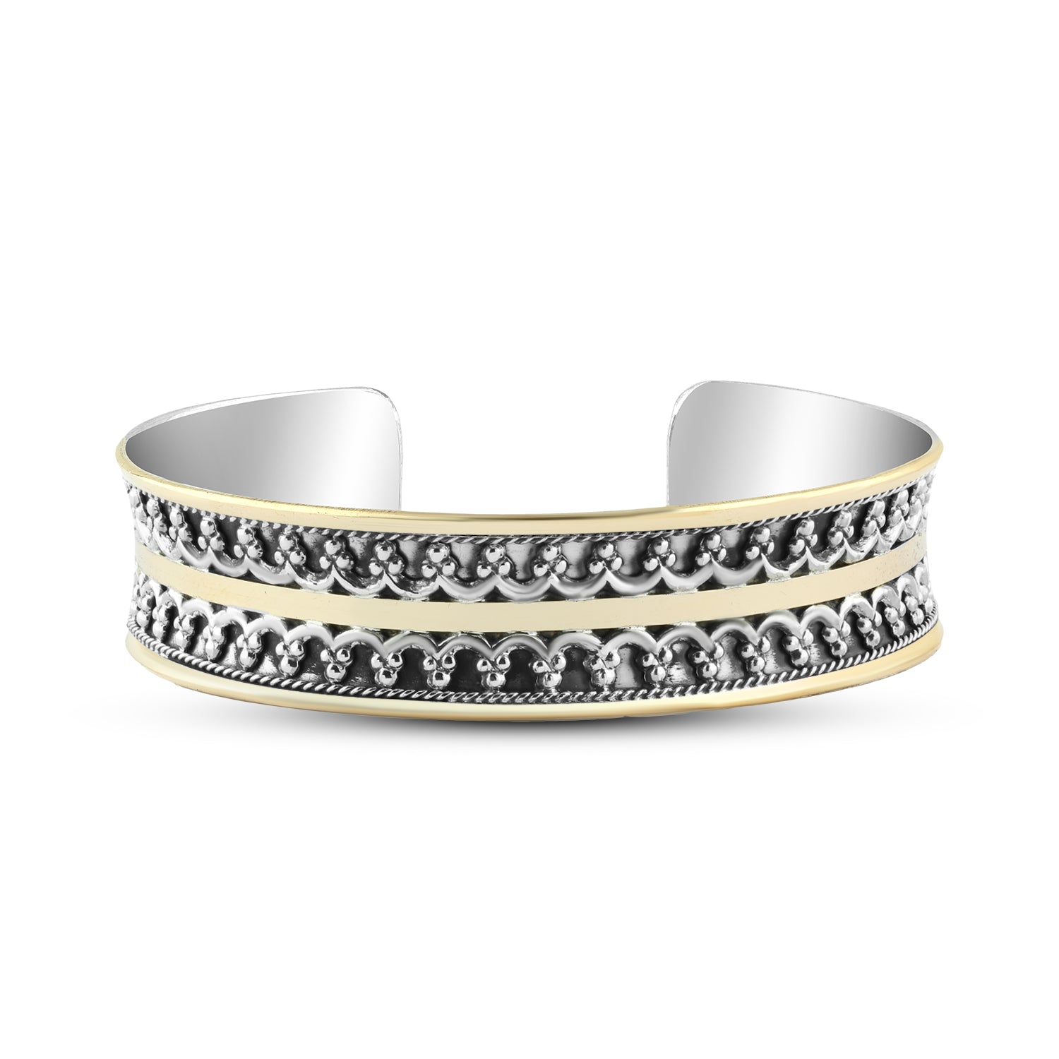 Bold Silver Cuff Bracelet – Handcrafted Details with Golden Copper Tou – Fathy Ibrahim - فتحي ...