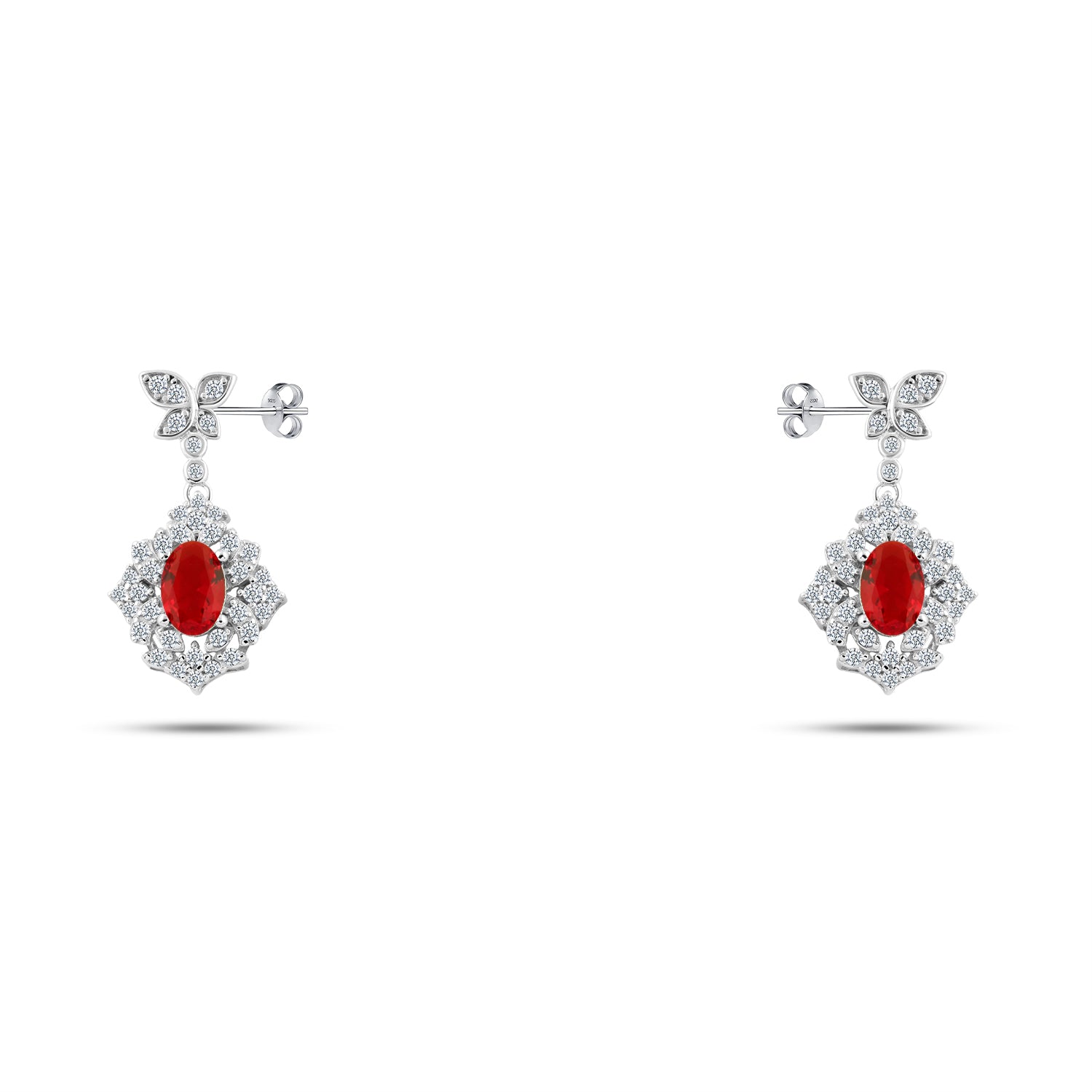 925 Silver Flower-Design Earrings with Red Stone and Clear Accents ...